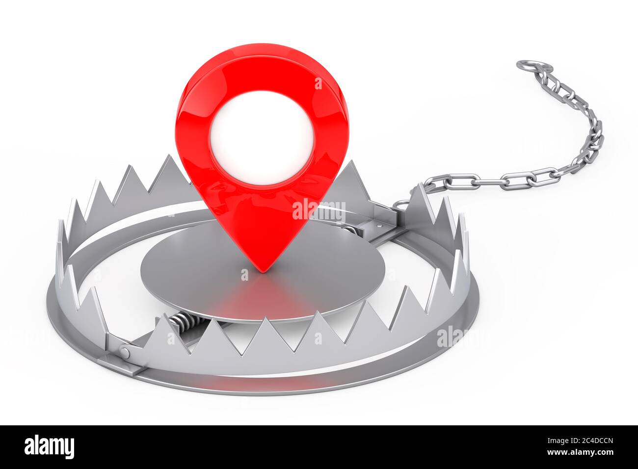 Metal Bear Trap with Red Map Pointer Target Pin on a white background ...