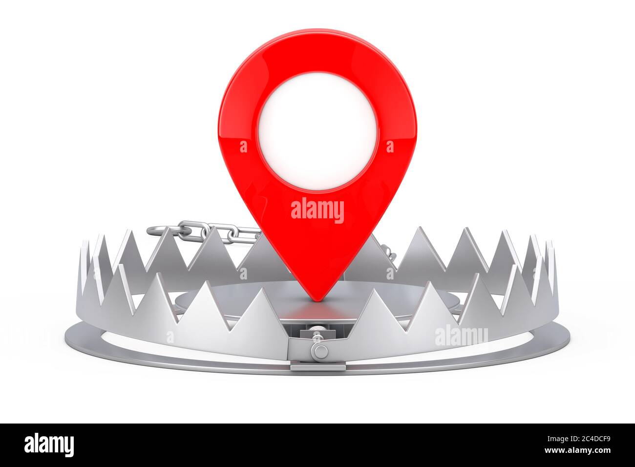 Metal Bear Trap with Red Map Pointer Target Pin on a white background ...