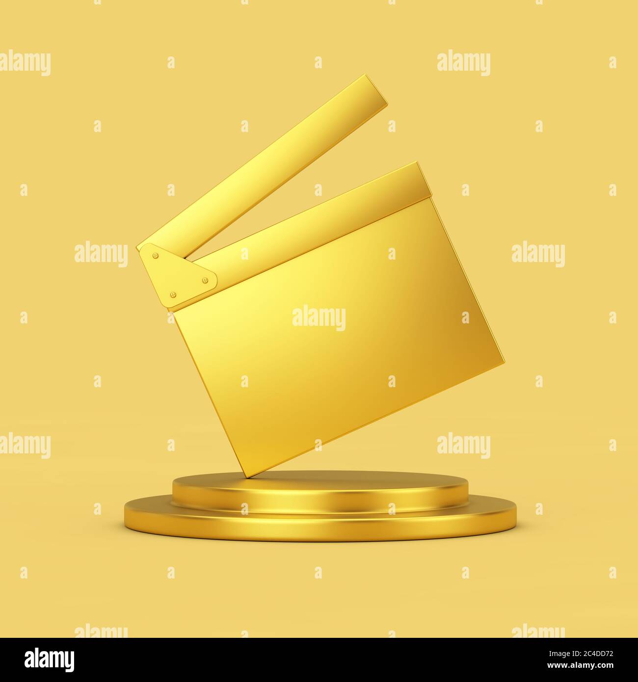 Golden Movie Clapper Board over Golden Pedestal on a yellow background ...