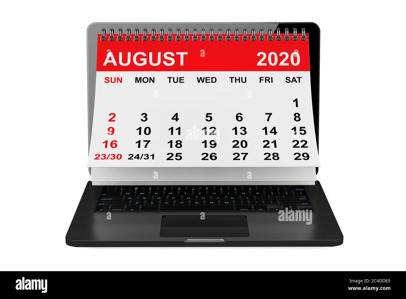 2020 year calendar. August calendar over laptop screen on a white ...