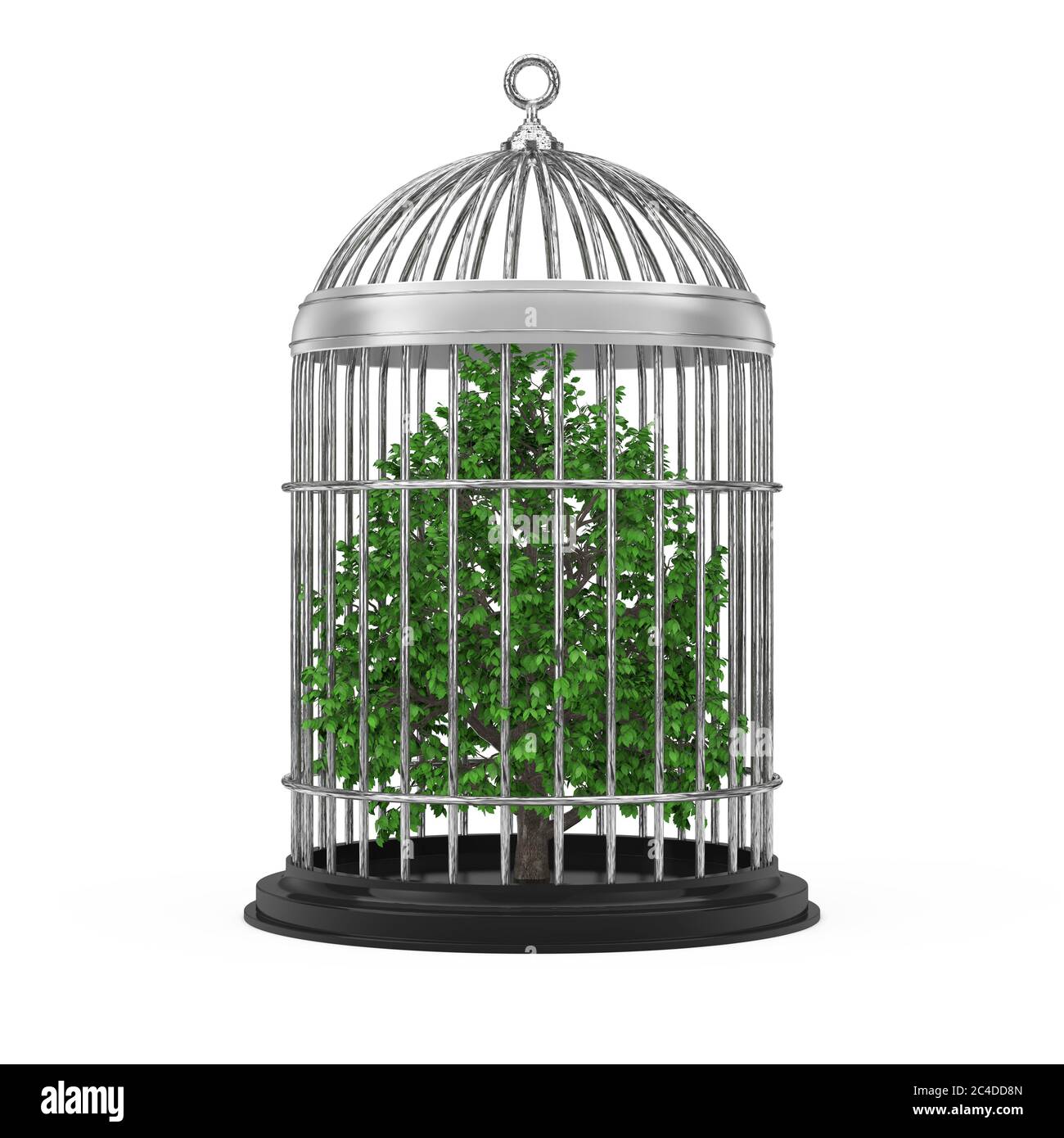 Ecology Concept. Green Tree in Metal Cage on a white background. 3d ...