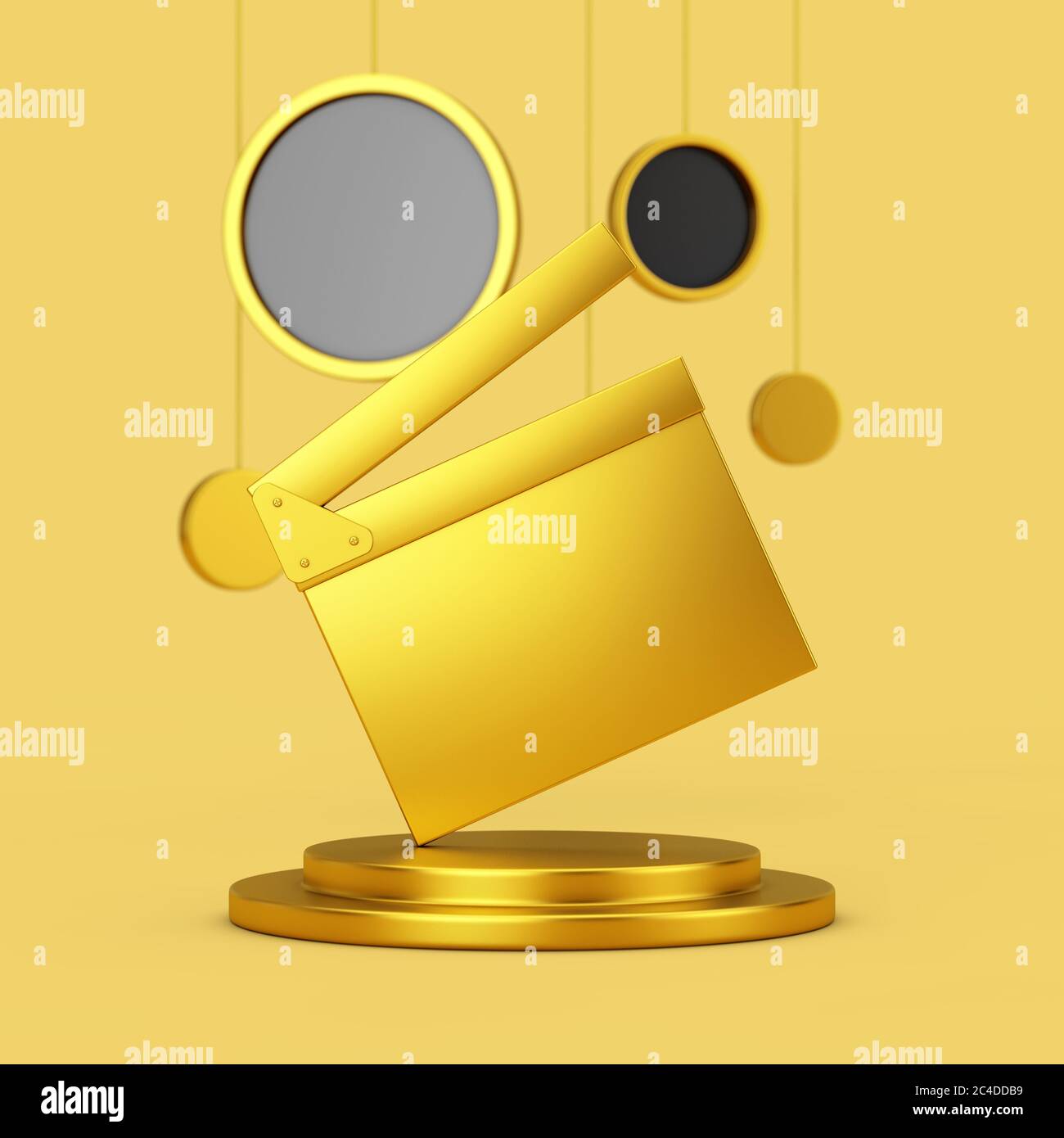 Golden Movie Clapper Board on a Golden Pedestal with Hanging Abstract ...