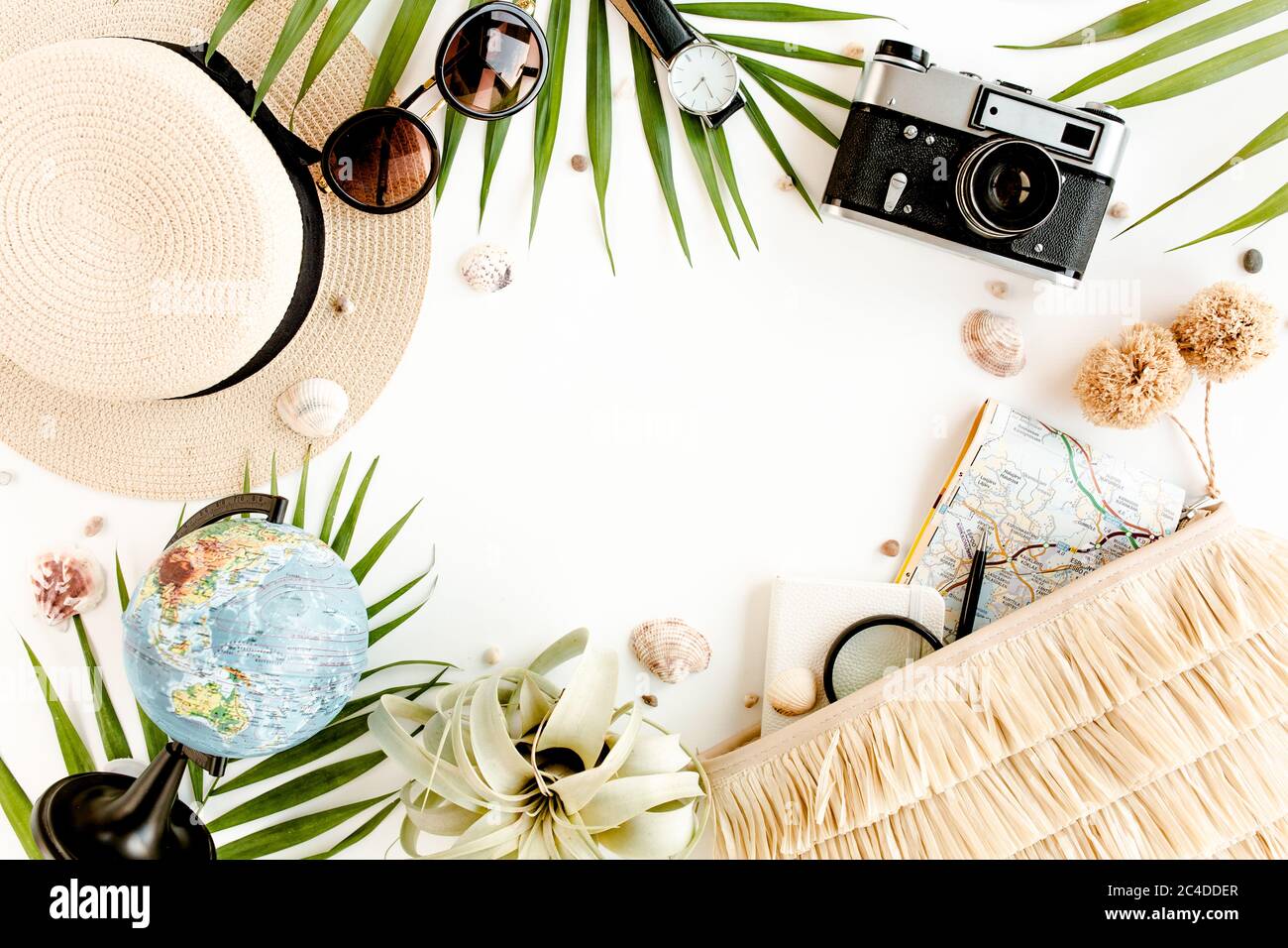Top view on traveler accessories on white background. Essential ...