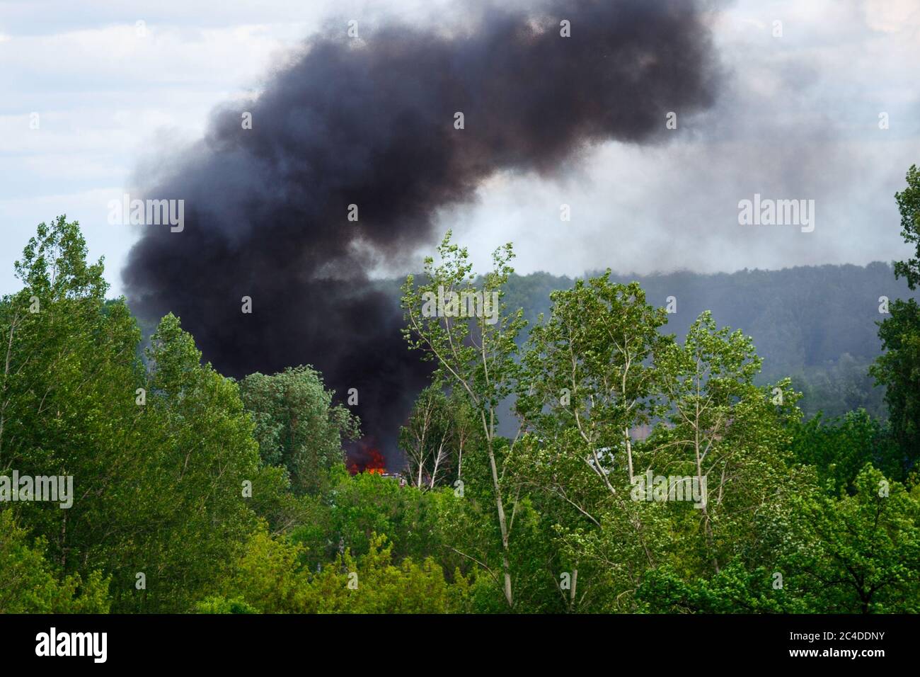 Thick black smoke among green trees. Forest fire Stock Photo - Alamy