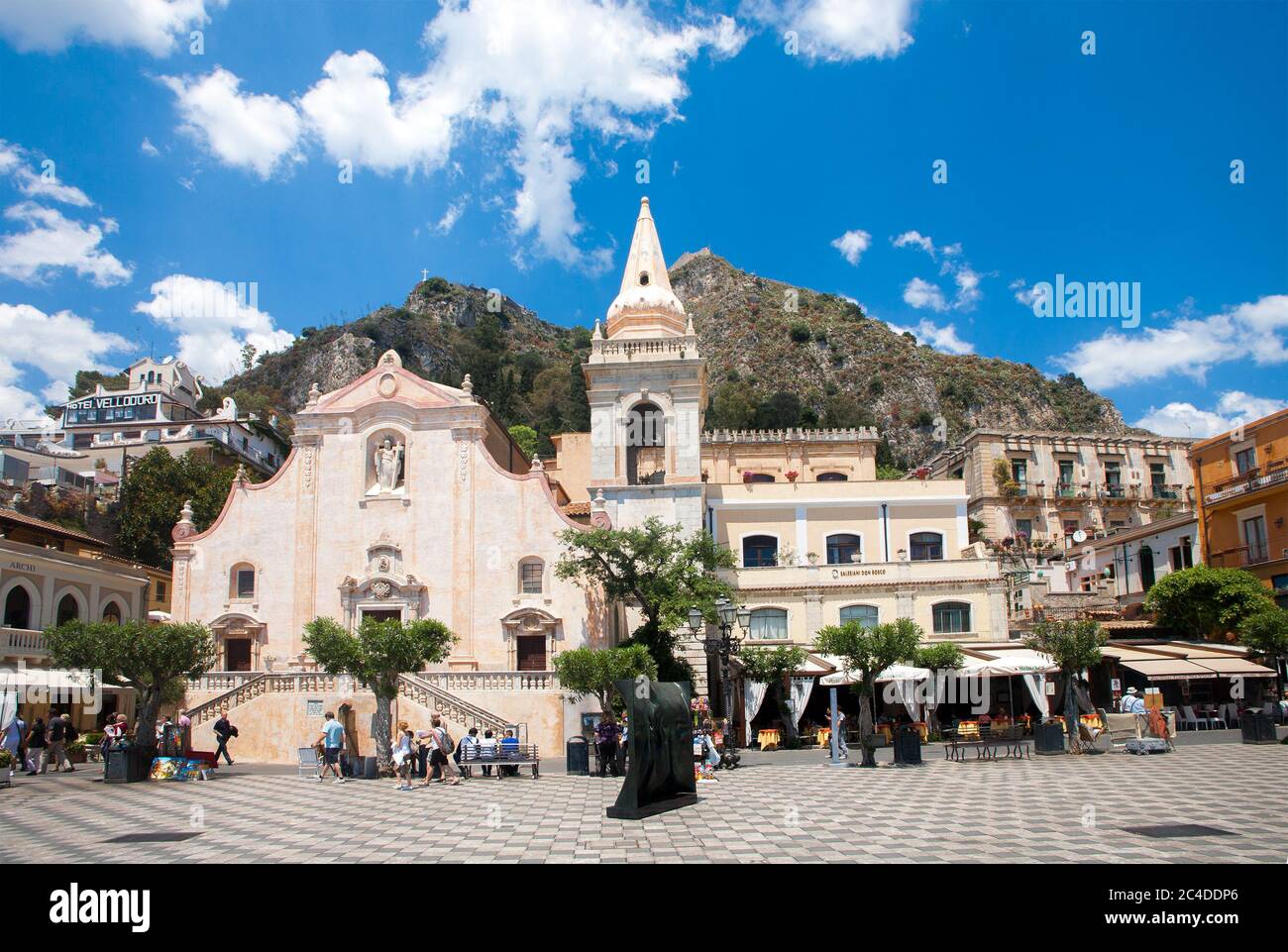 TAORMINA, ITALY - MAY 11, 2012: Taormina town main square center with ...