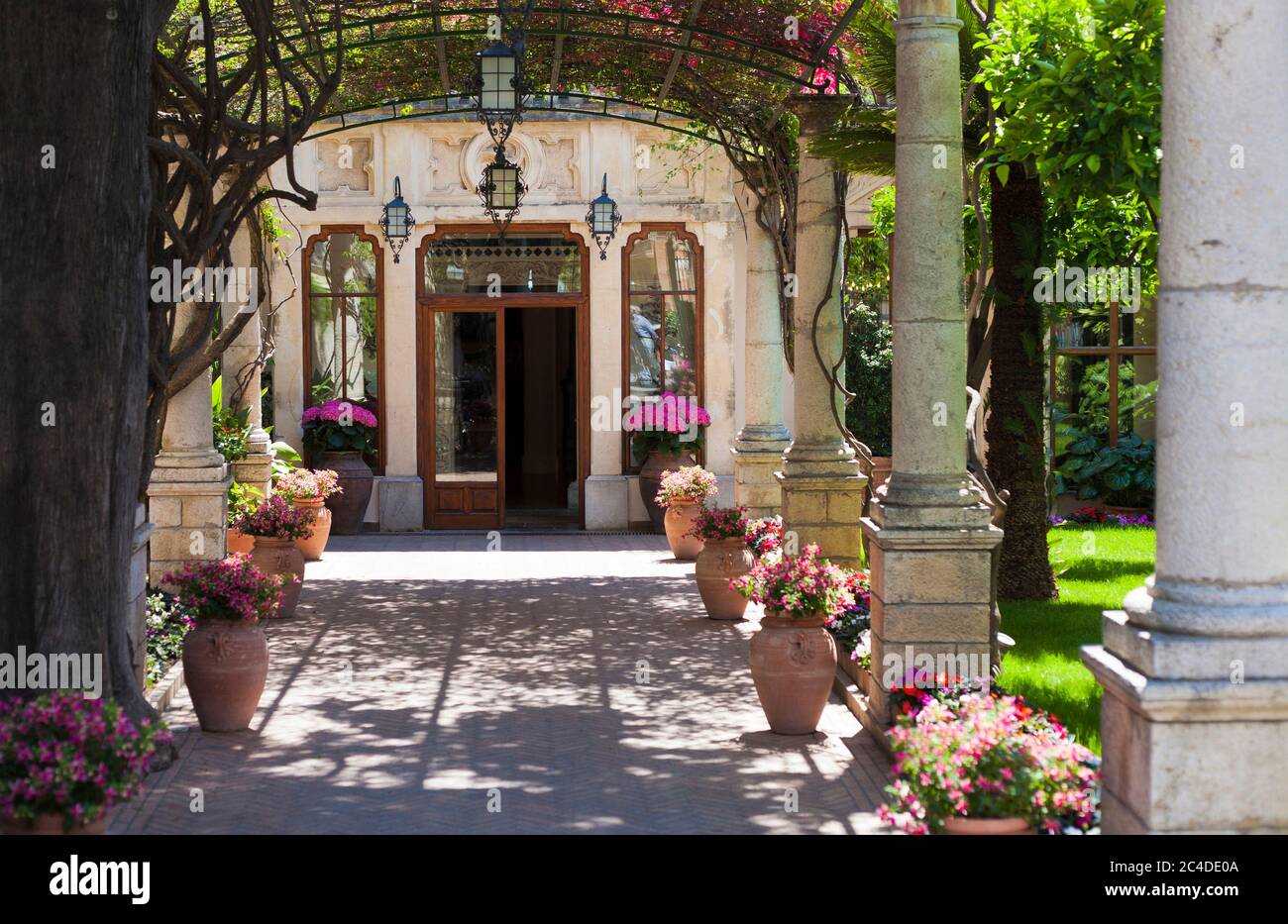 Old restaurant with flowered trellis from Taormina, Italy Stock Photo ...