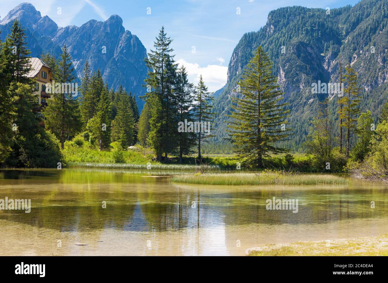 At Lake Dobbiaco (Toblacher see), in Dolomites mountain, Italy, South ...