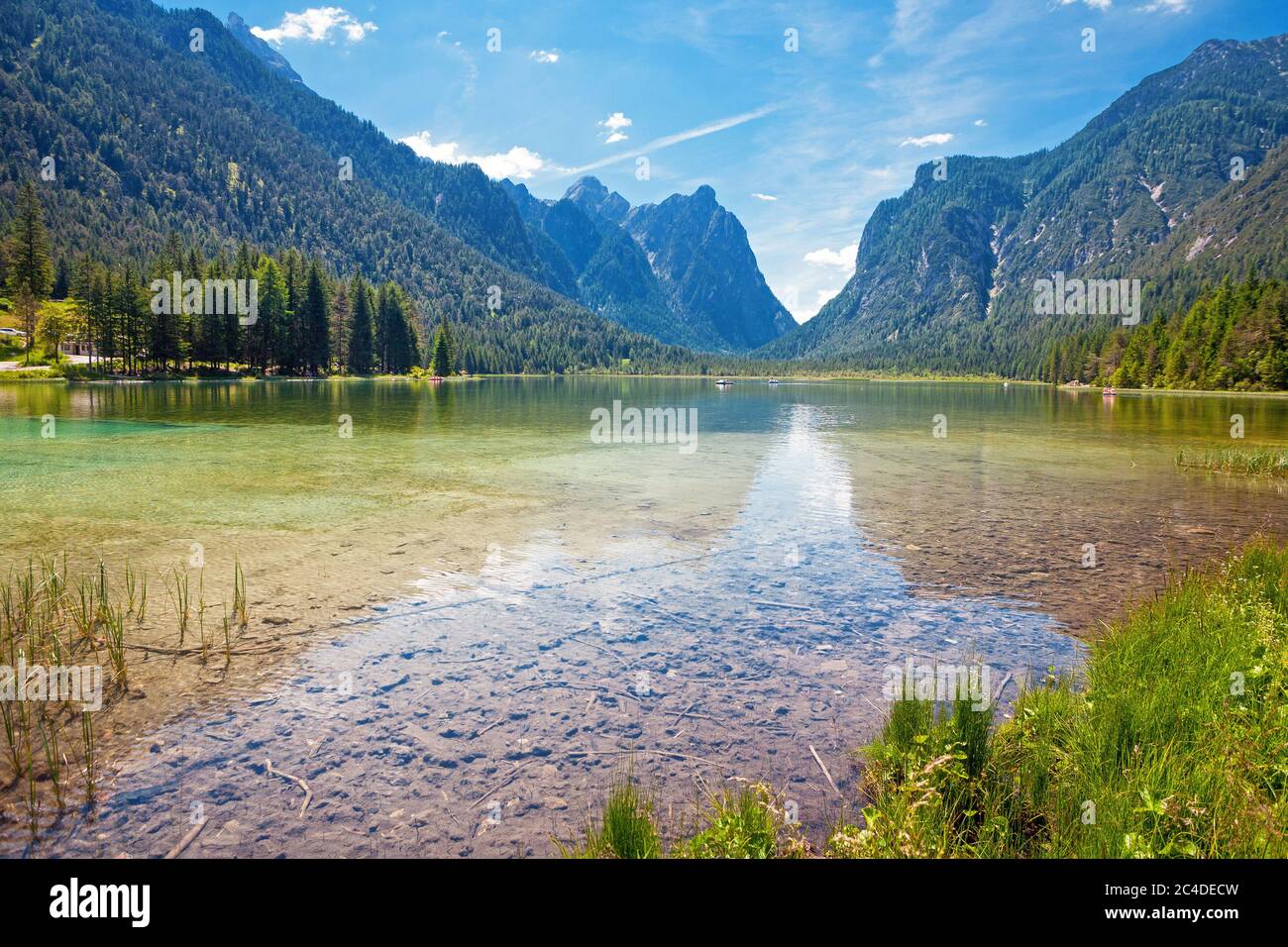 Dobbiaco Lake (Toblacher See) in the Dolomites, South Tirol, Italy ...