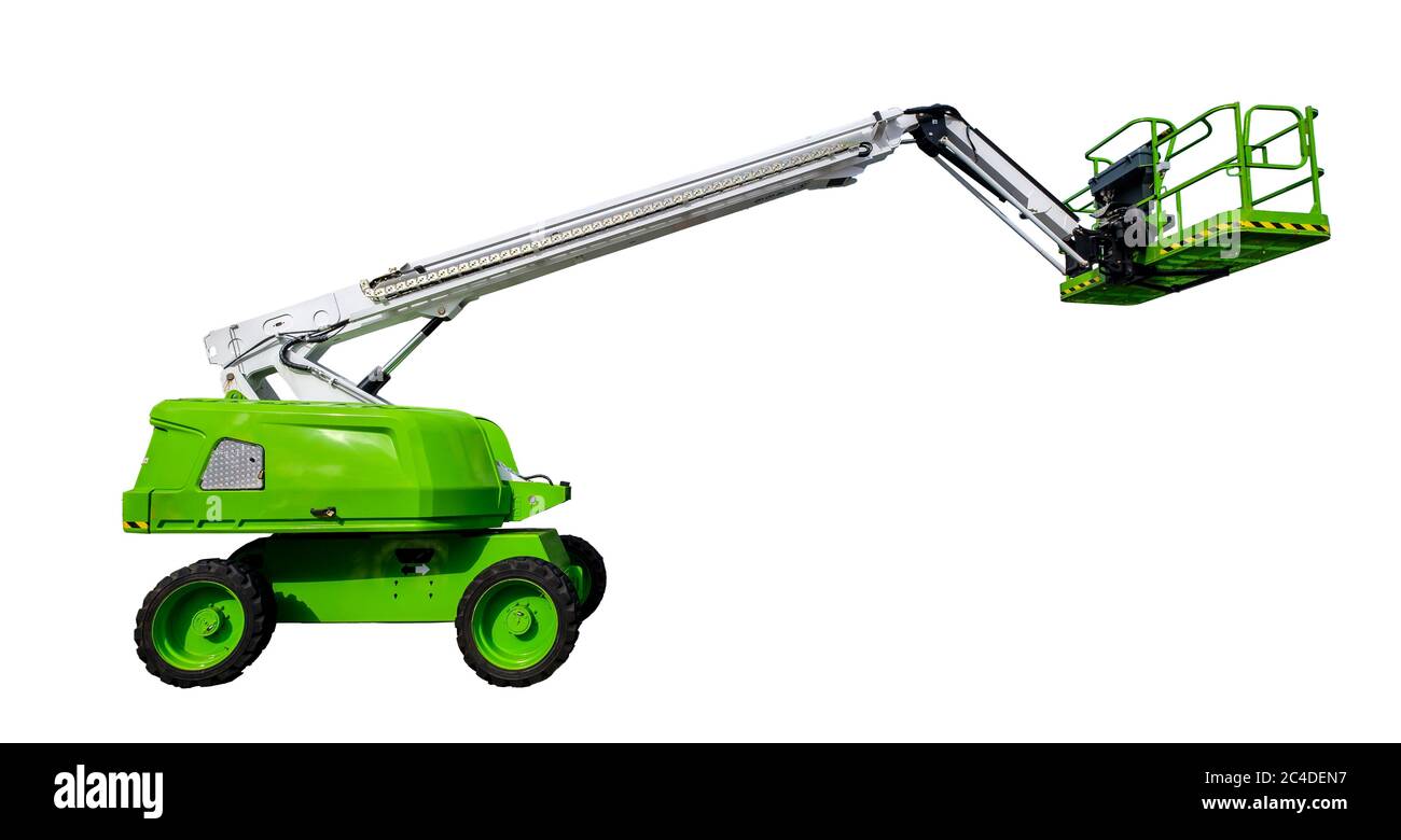 Horizontal shot of a neon green construction lift on a white background ...