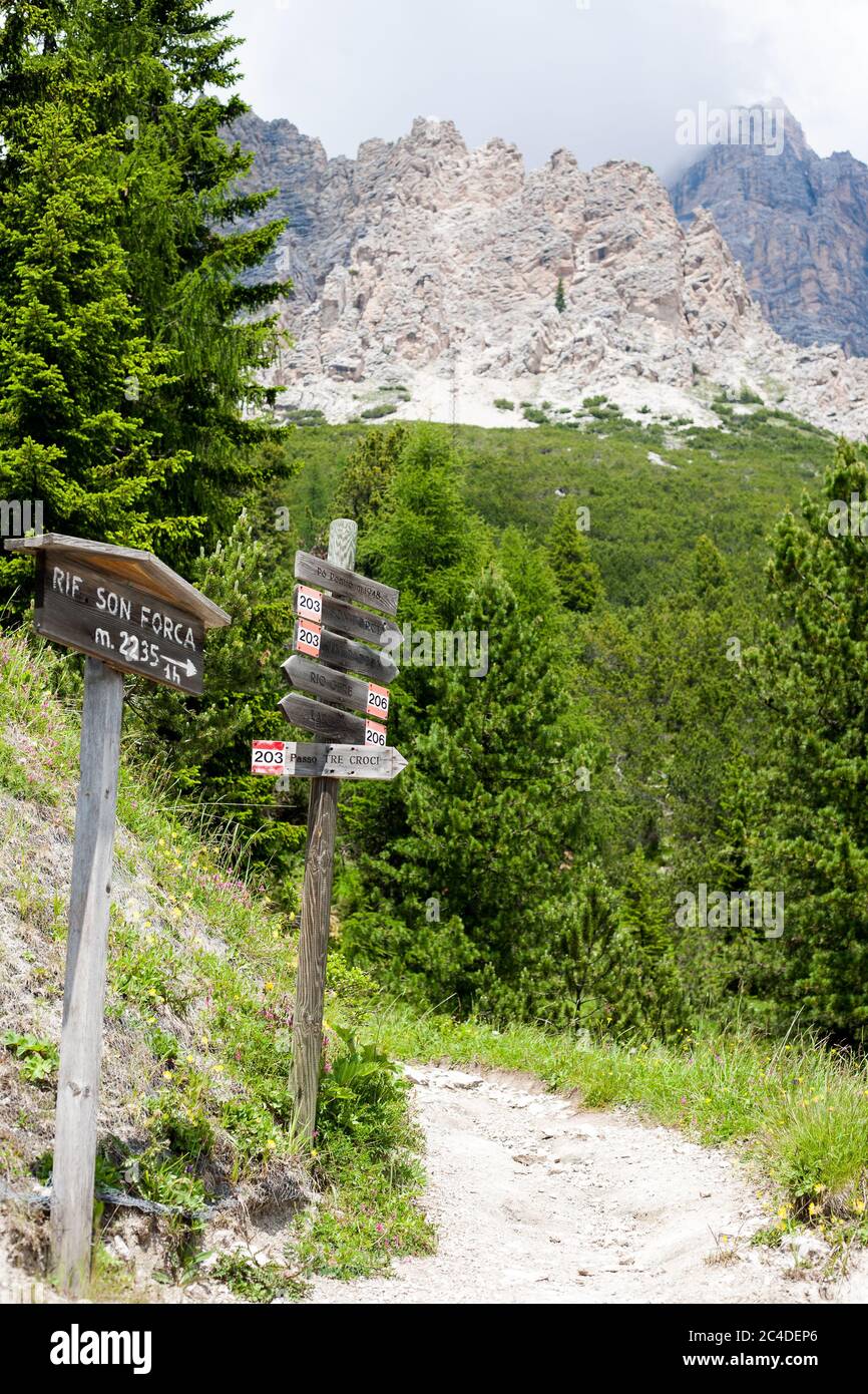 Tourist path directions in the Dolomites, Italy Stock Photo - Alamy