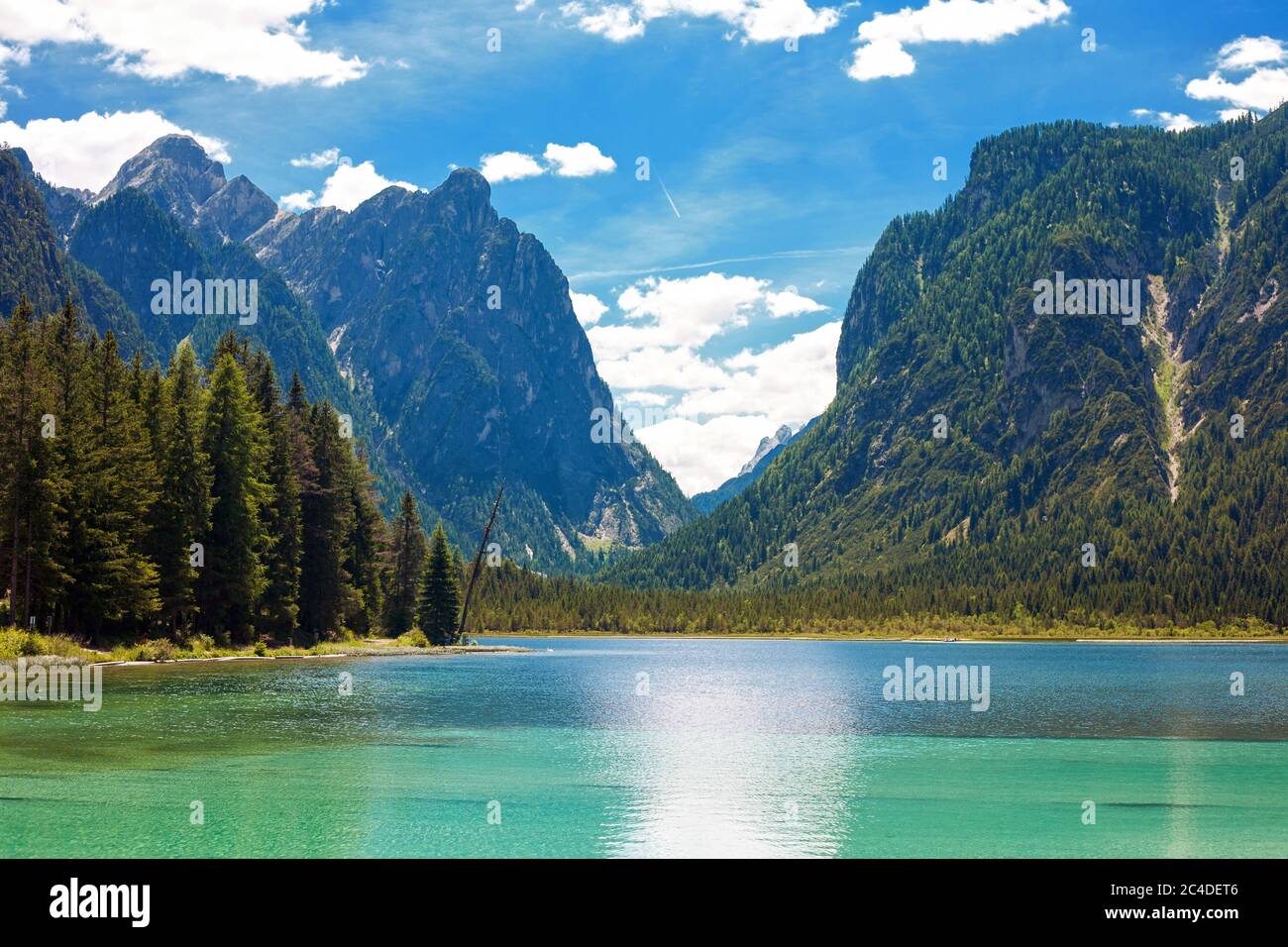 Lake Dobbiaco (Toblacher see) in the Dolomite Mountains, Italy Stock ...