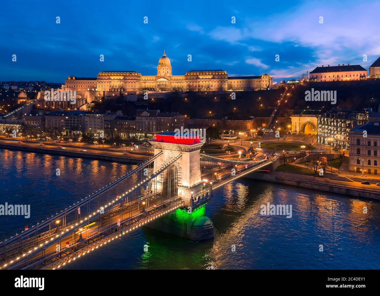 Europe Hungary Budapest Decorated Szechenyi Chain bridge Danube river ...