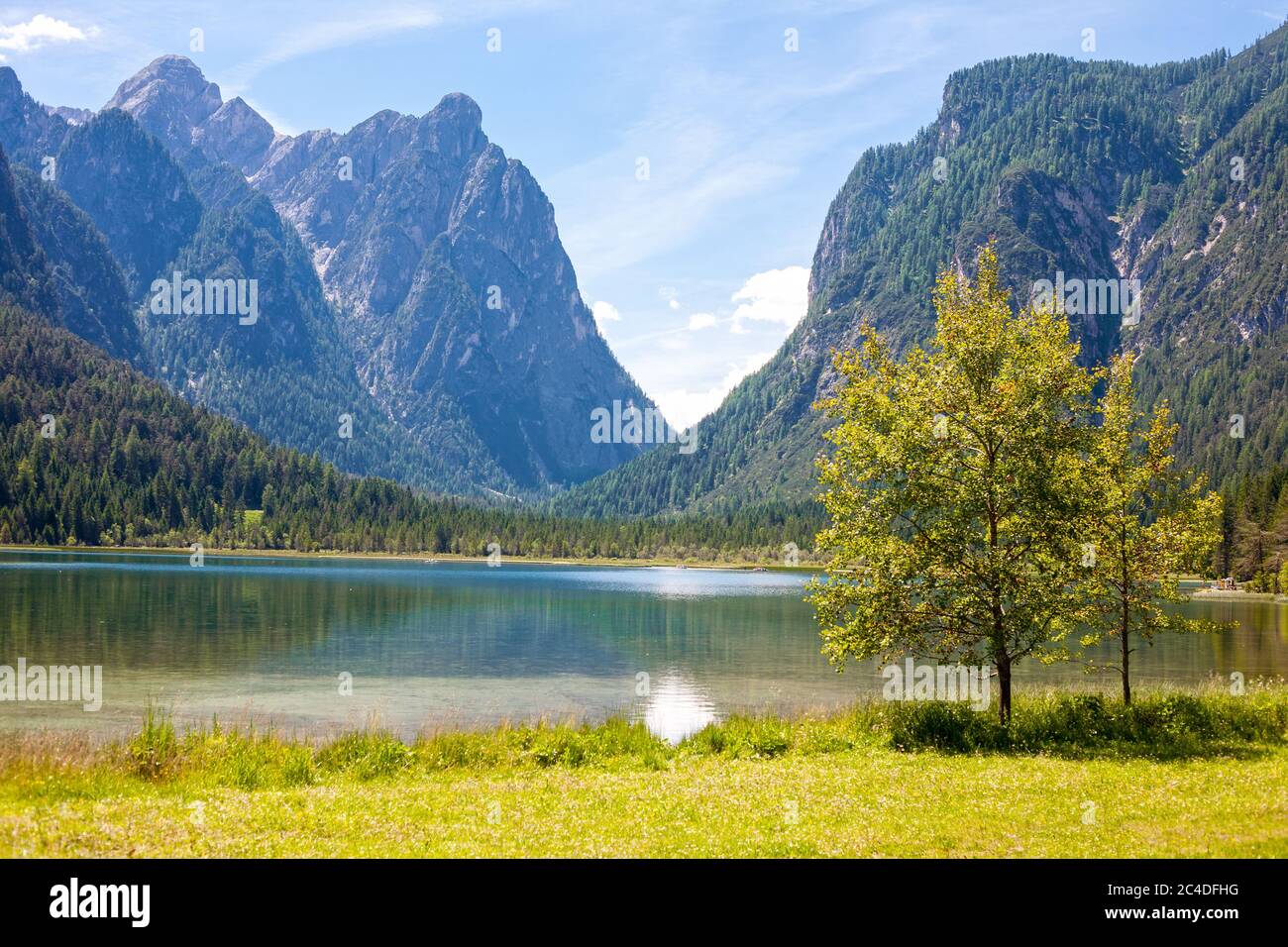 Lake dobbiaco, in Dolomites mountain, Italy, Sudtirol Stock Photo - Alamy