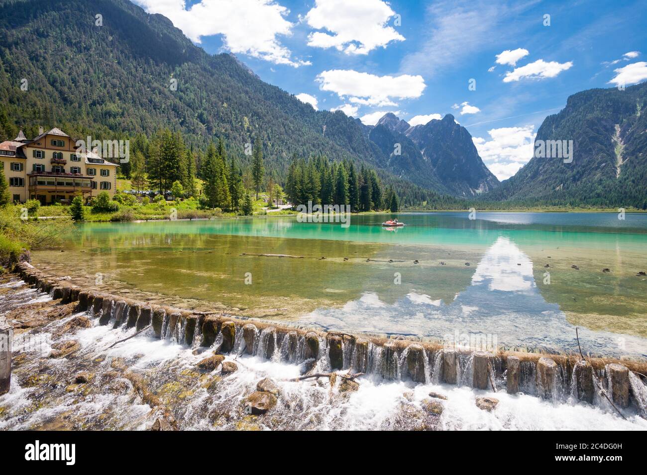 Lake Dobbiaco from the bridge in the Dolomites, Italy (South Tirol ...