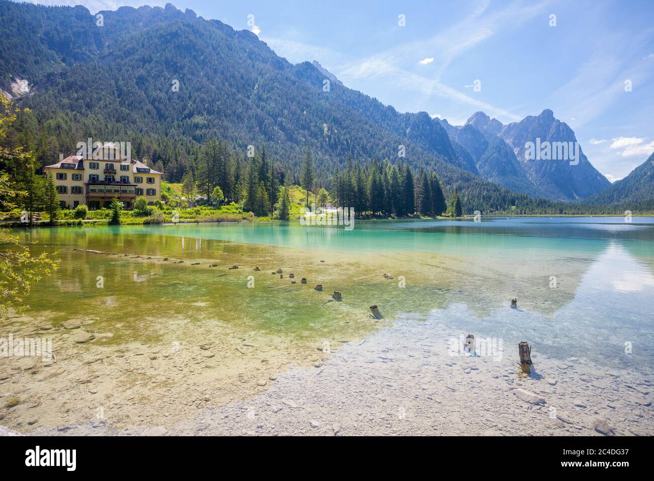 Panoramic view of Lake Dobbiaco, in The Dolomites, Italy, Sudtirol ...