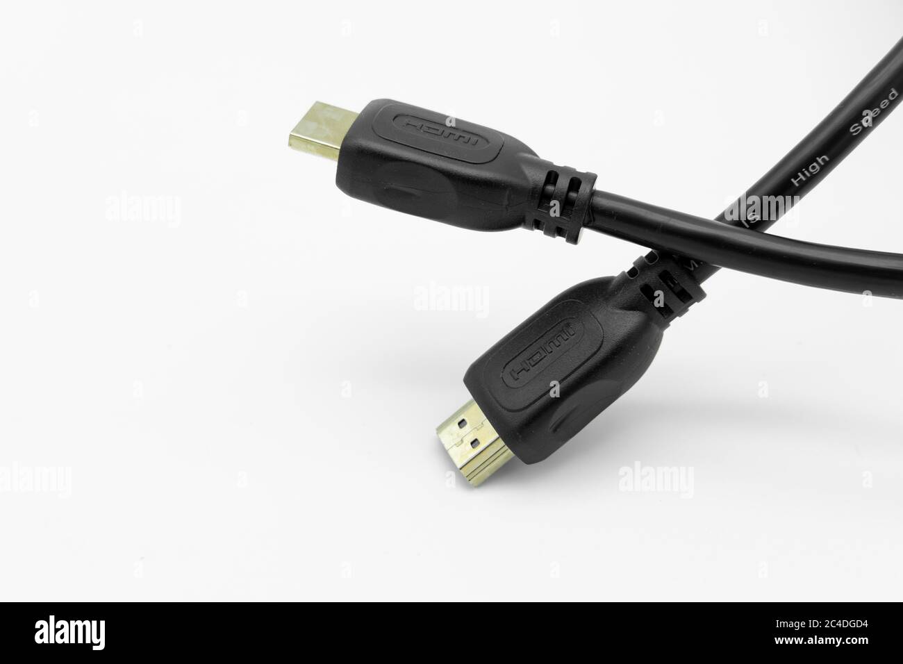 HDMI to HDMI A/V connection cable. Showing the gold HDMI connectors and ...