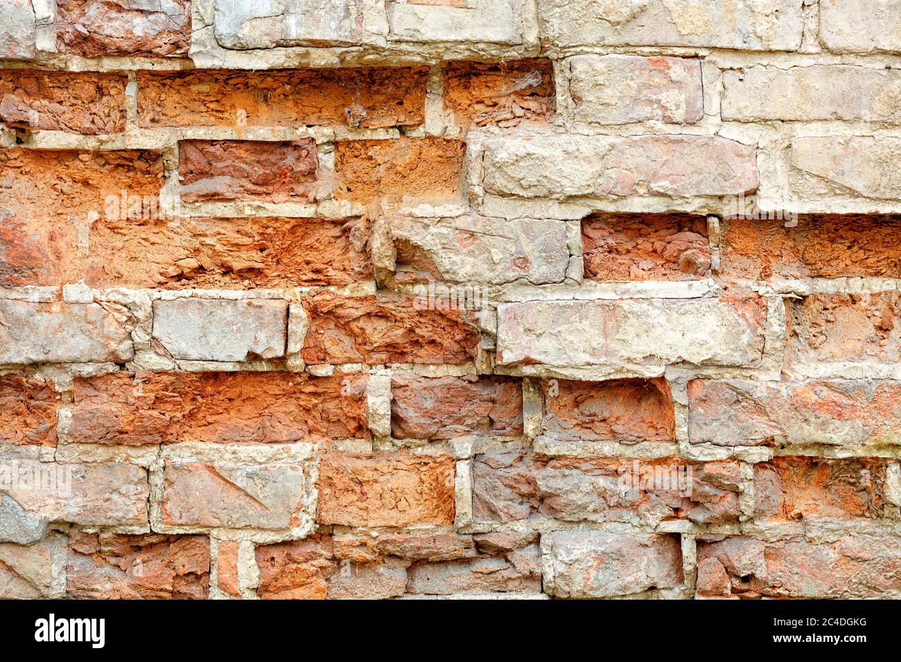 Background texture and piece of brickwork. Old ruined red brick wall ...