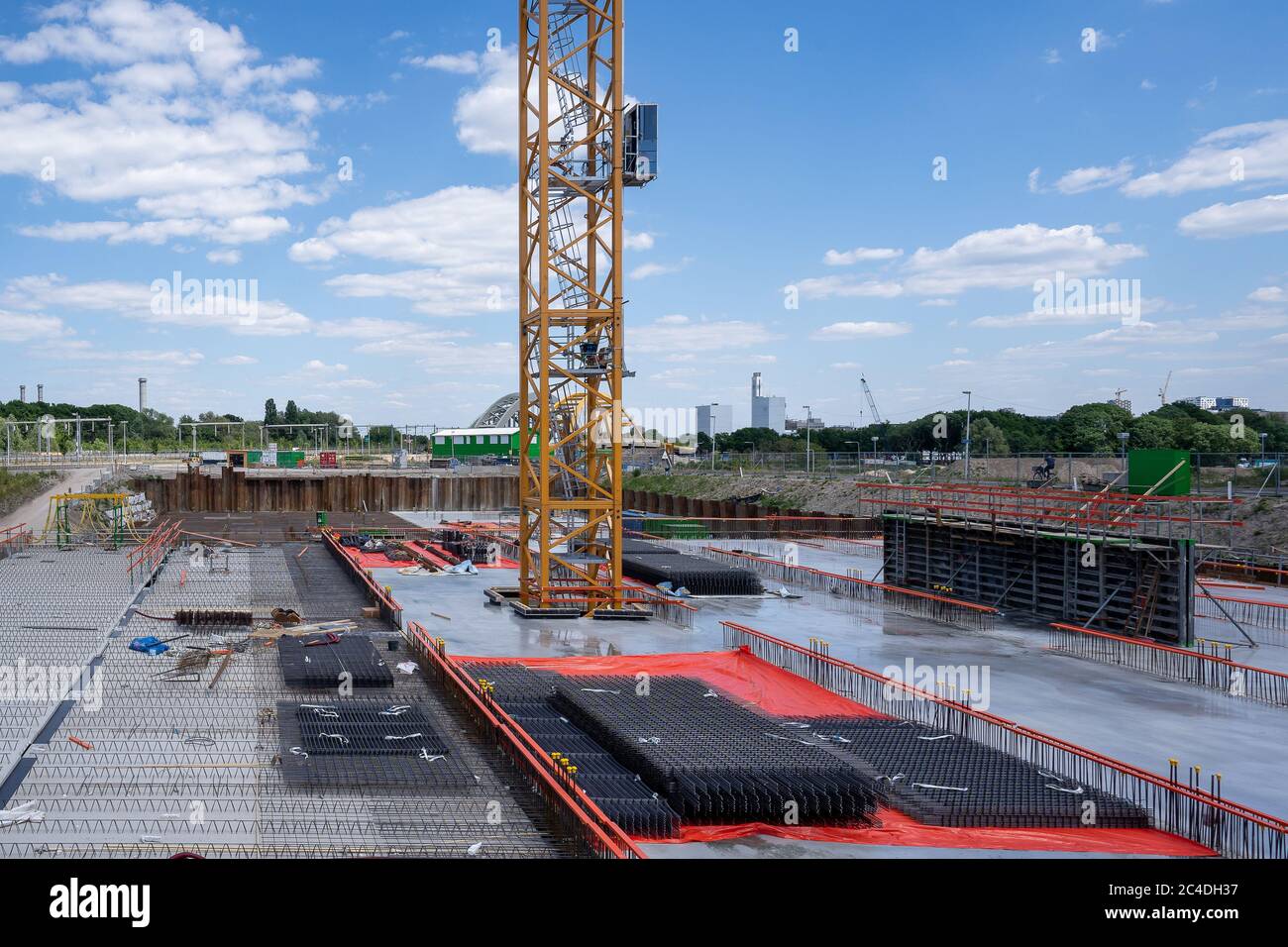 Horizontal shot of a construction site under the clear blue sky with ...