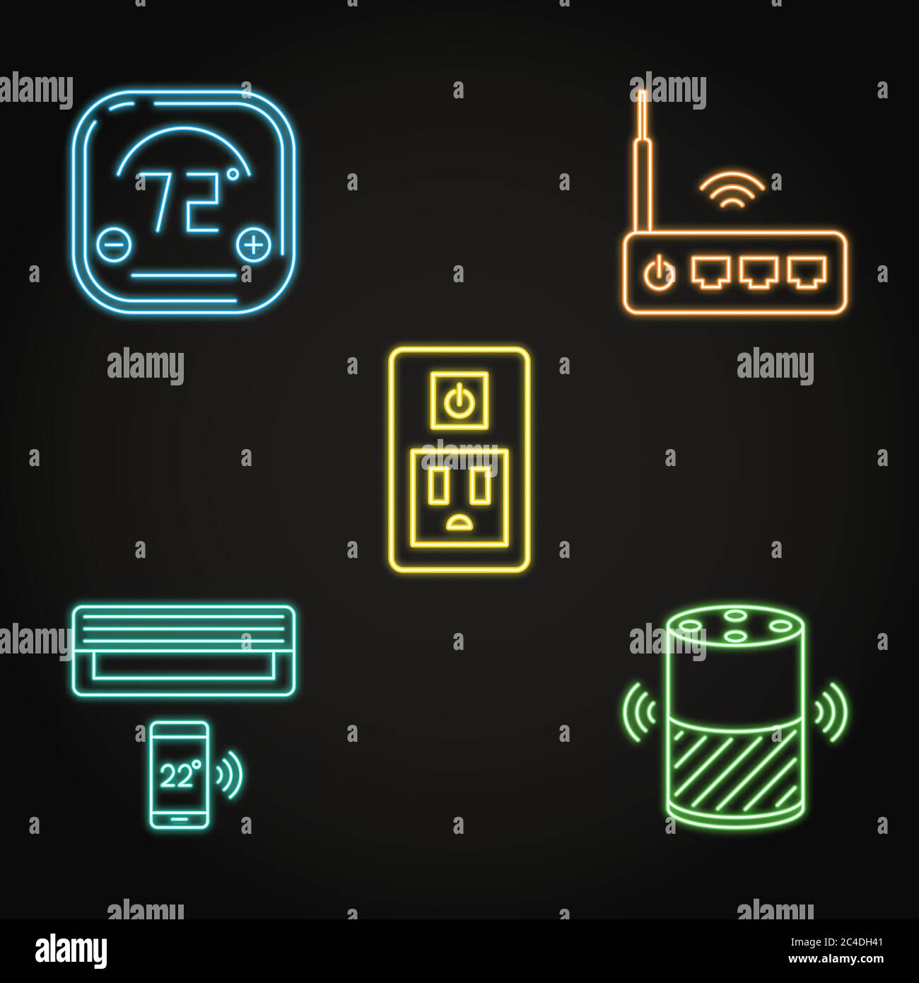 Neon smart home automation icons set. Climate control, wifi router ...