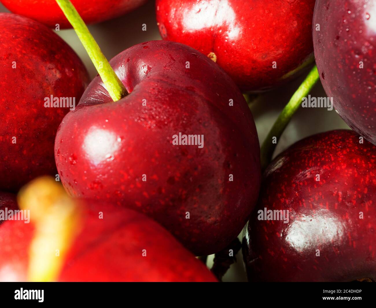 Close up of fresh ripe cherries with stalks Stock Photo - Alamy
