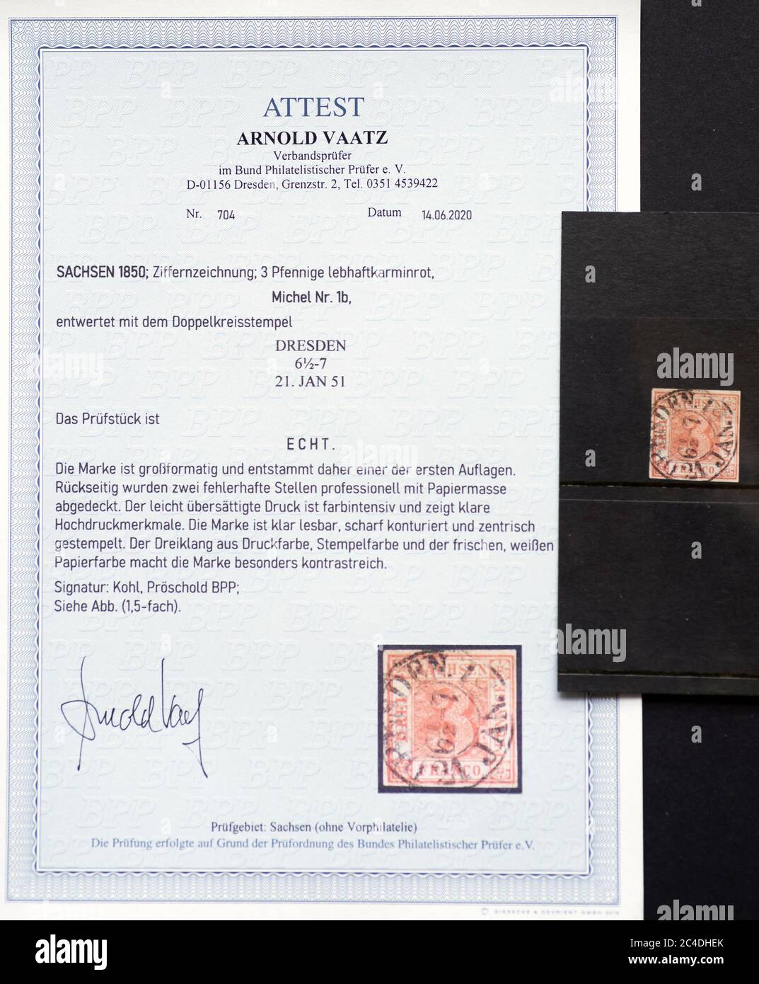 14 June 2020, Saxony, Dresden: An original Sachsendreier stamp and the ...