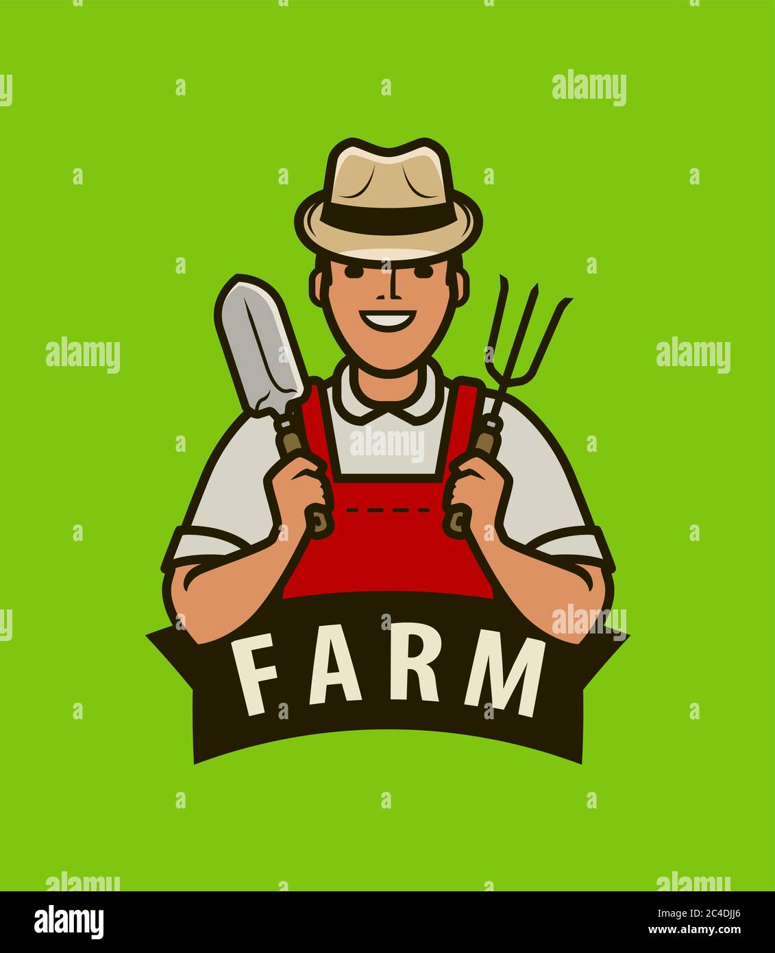 Farm logo or label. Happy farmer with garden tools vector illustration ...