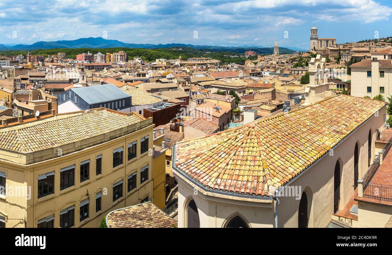 Panoramic aerial view of Girona and cathedral in a beautiful summer day ...