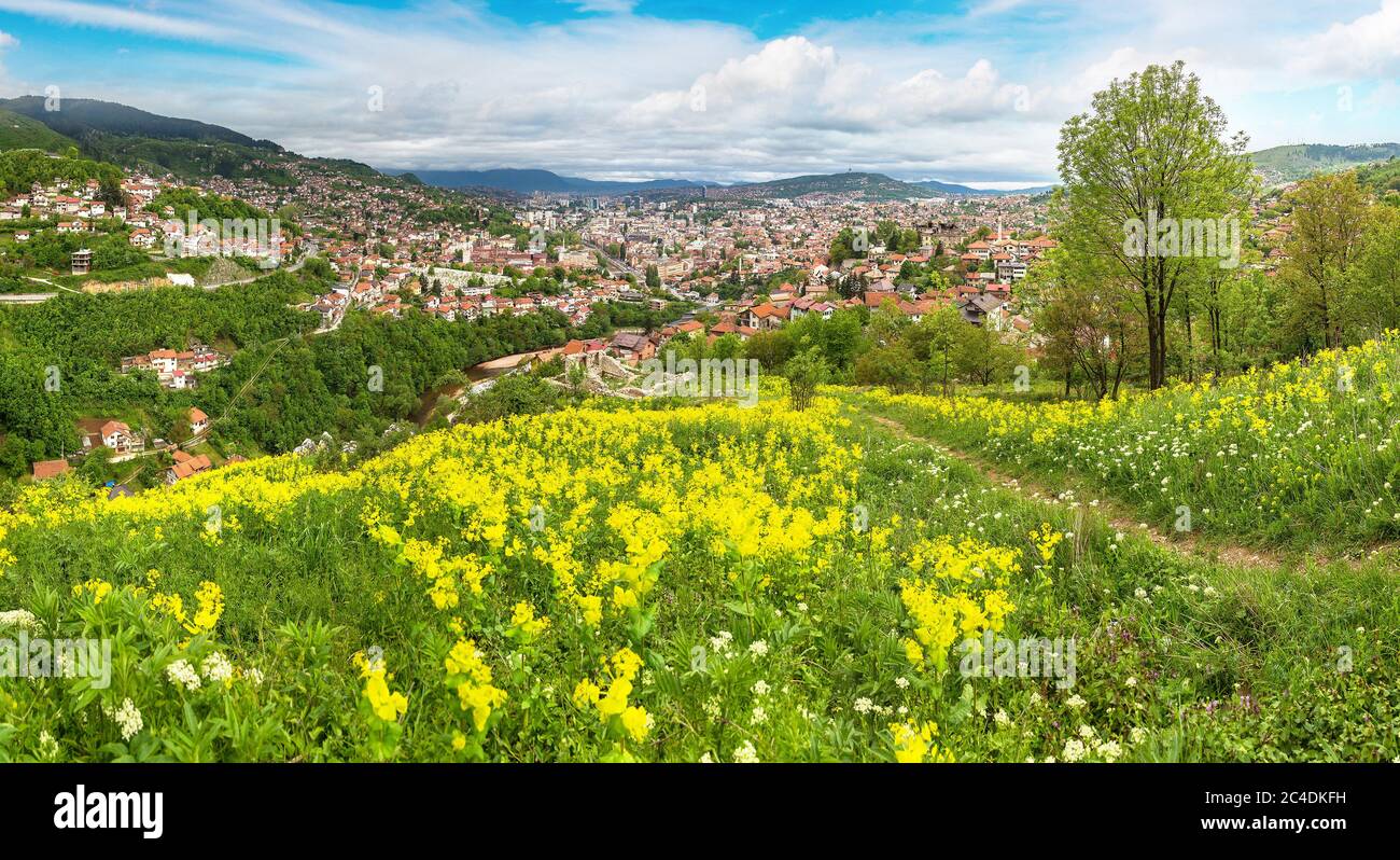 Panoramic aerial view of Sarajevo in a beautiful summer day, Bosnia and ...