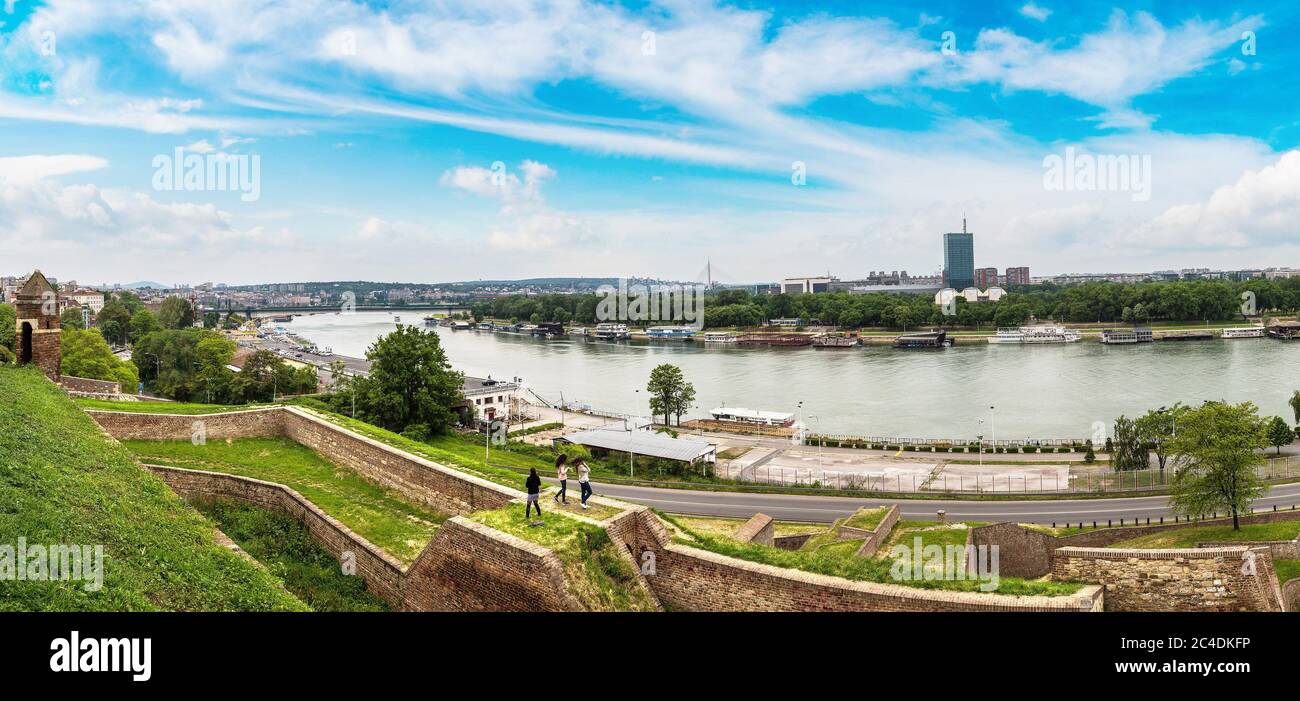 Belgrade cityscape from the Sava river in Serbia in a beautiful summer ...