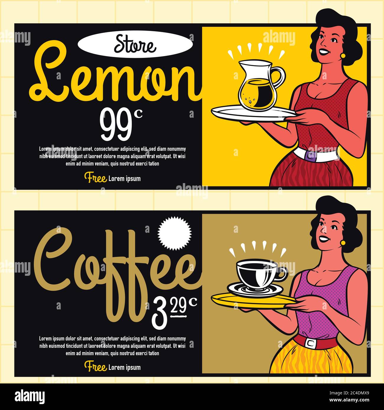 Retro Waitress Serving Drinks Clipart Illustration Diner Waitress Banner Stock Vector Image