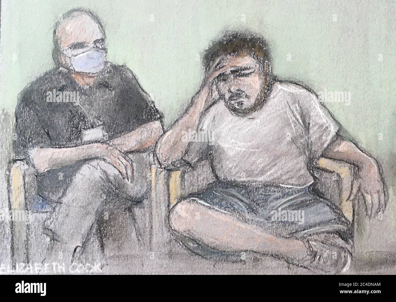 Court artist sketch by Elizabeth Cook of Jonty Bravery, 18, (right ...