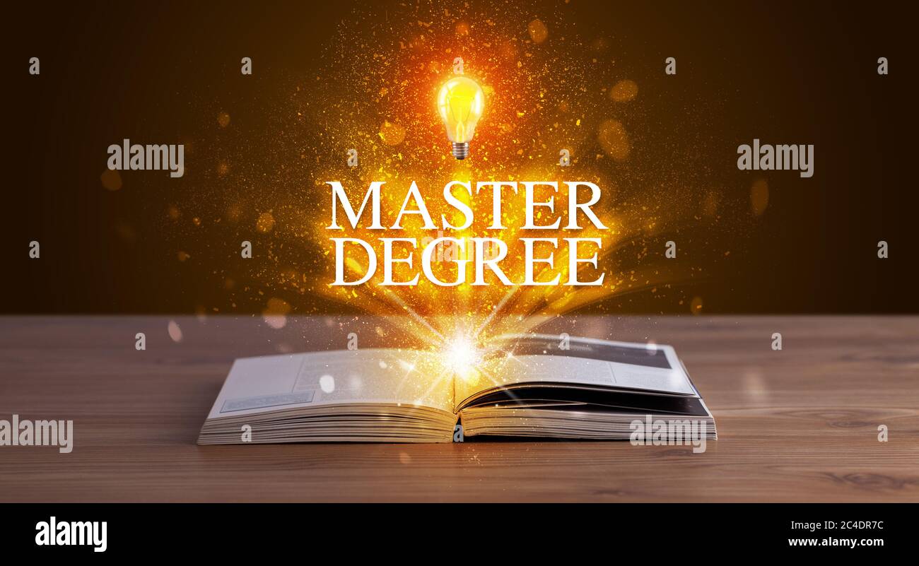 MASTER DEGREE inscription coming out from an open book, educational ...