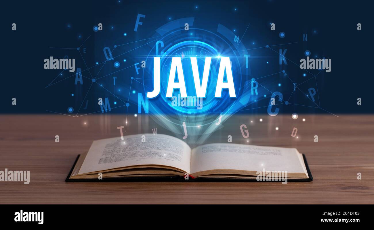 JAVA inscription coming out from an open book, digital technology ...
