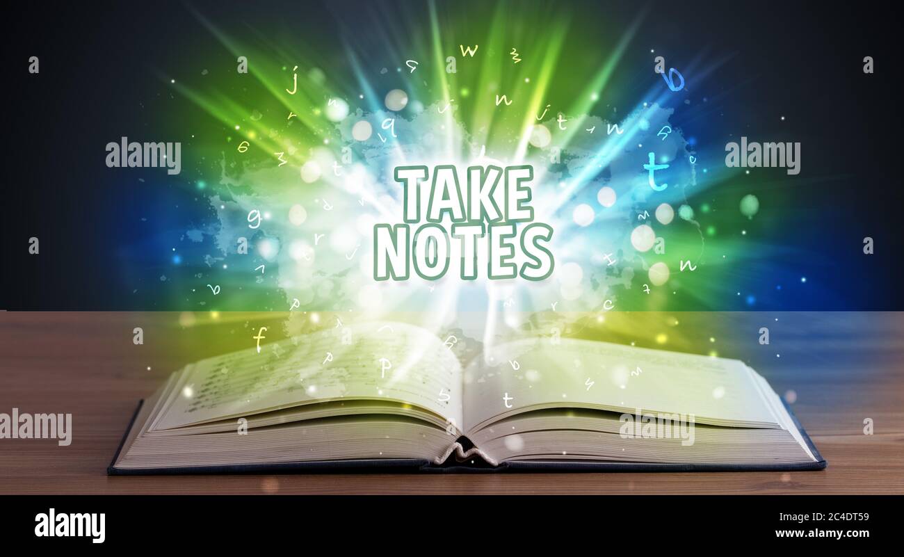 TAKE NOTES inscription coming out from an open book, educational ...