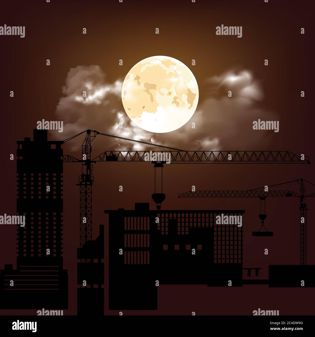Silhouetted generic construction site at night against a stunning full ...