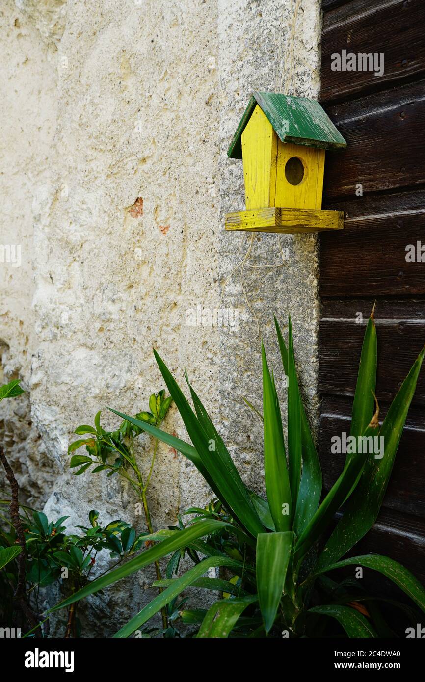 Yellow wooden birdhouse in the garden Stock Photo - Alamy