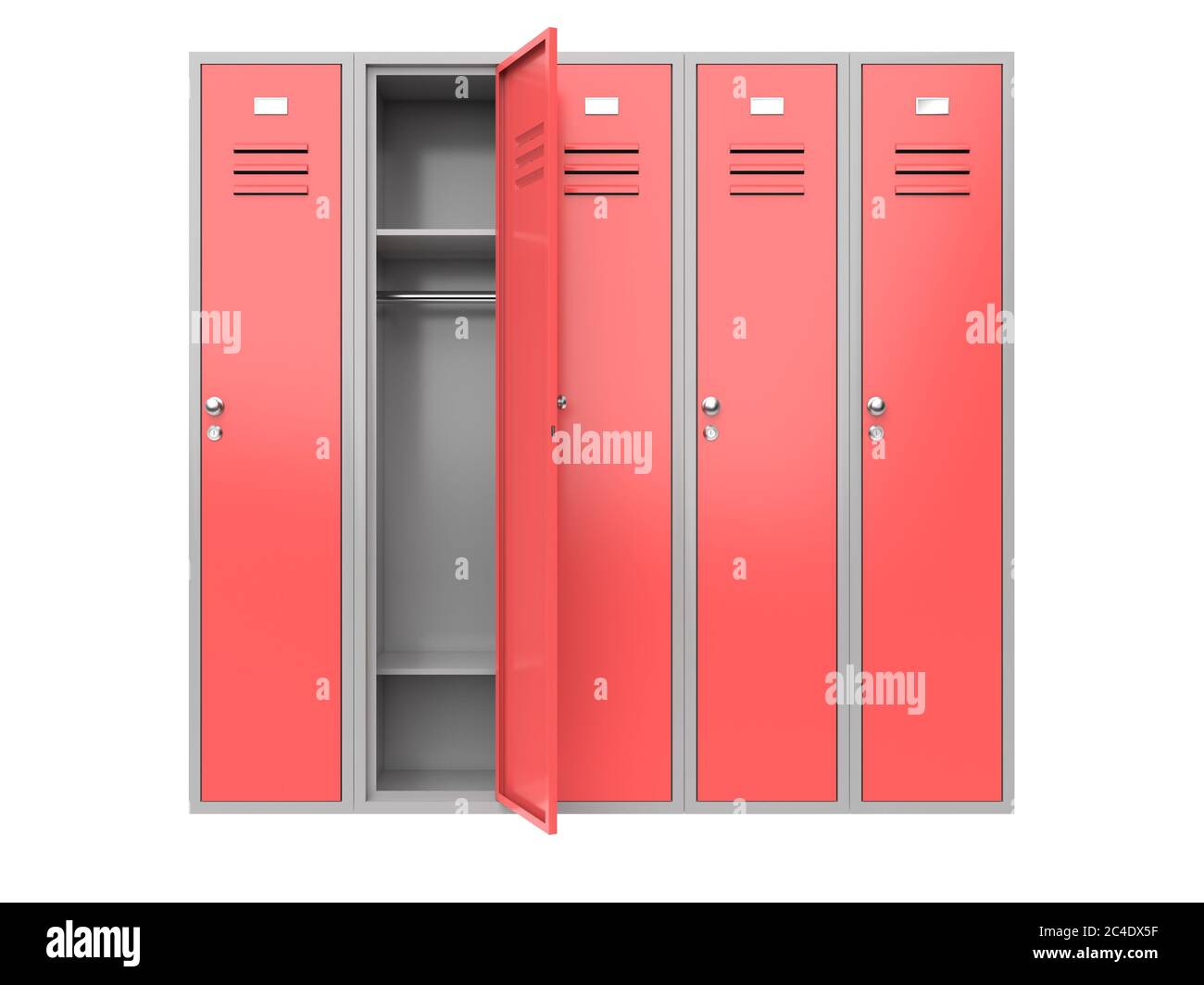 Red metal gym lockers with one open door Stock Photo - Alamy
