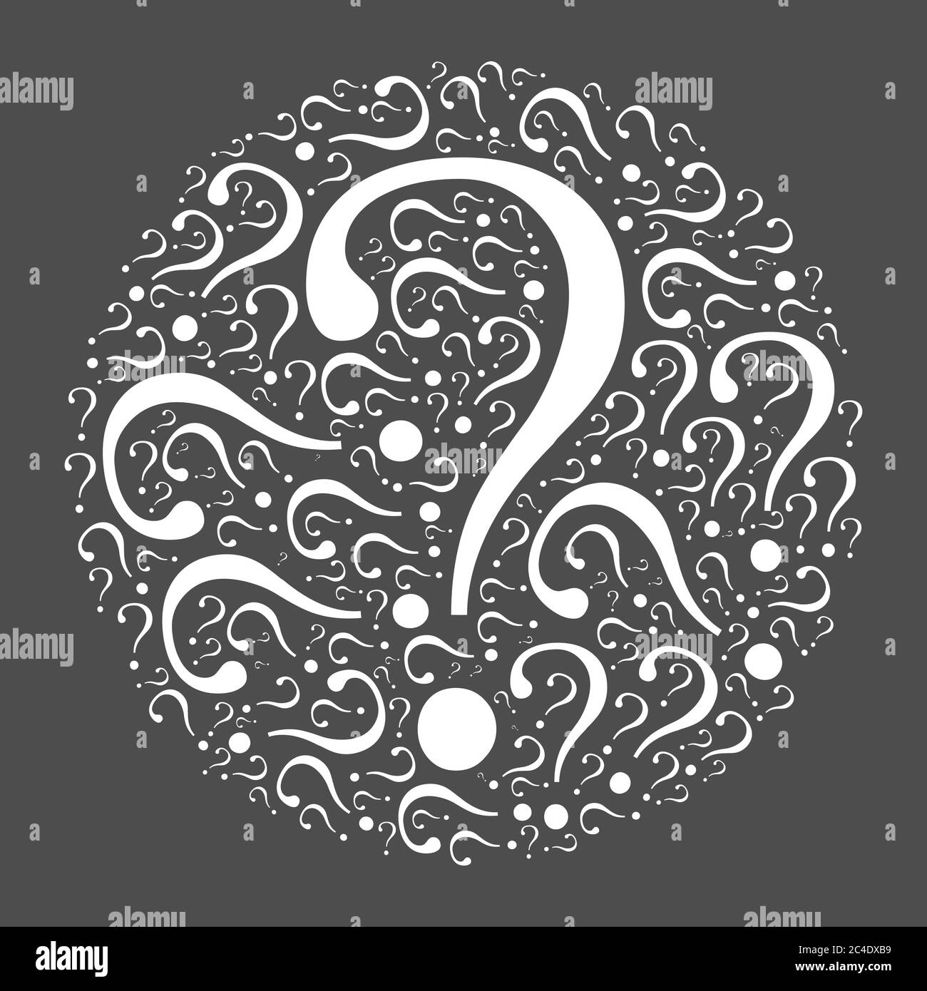 Circle mocaic of question marks. White vector illustration on dark grey ...