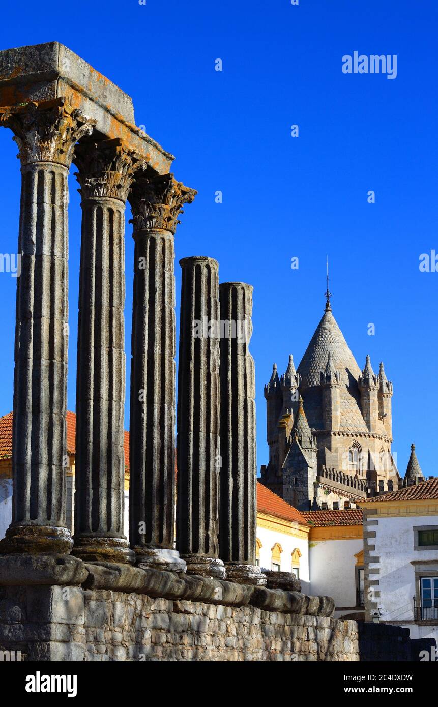 Portugal, Alentejo Region, Evora historic center. Granite stone columns ...