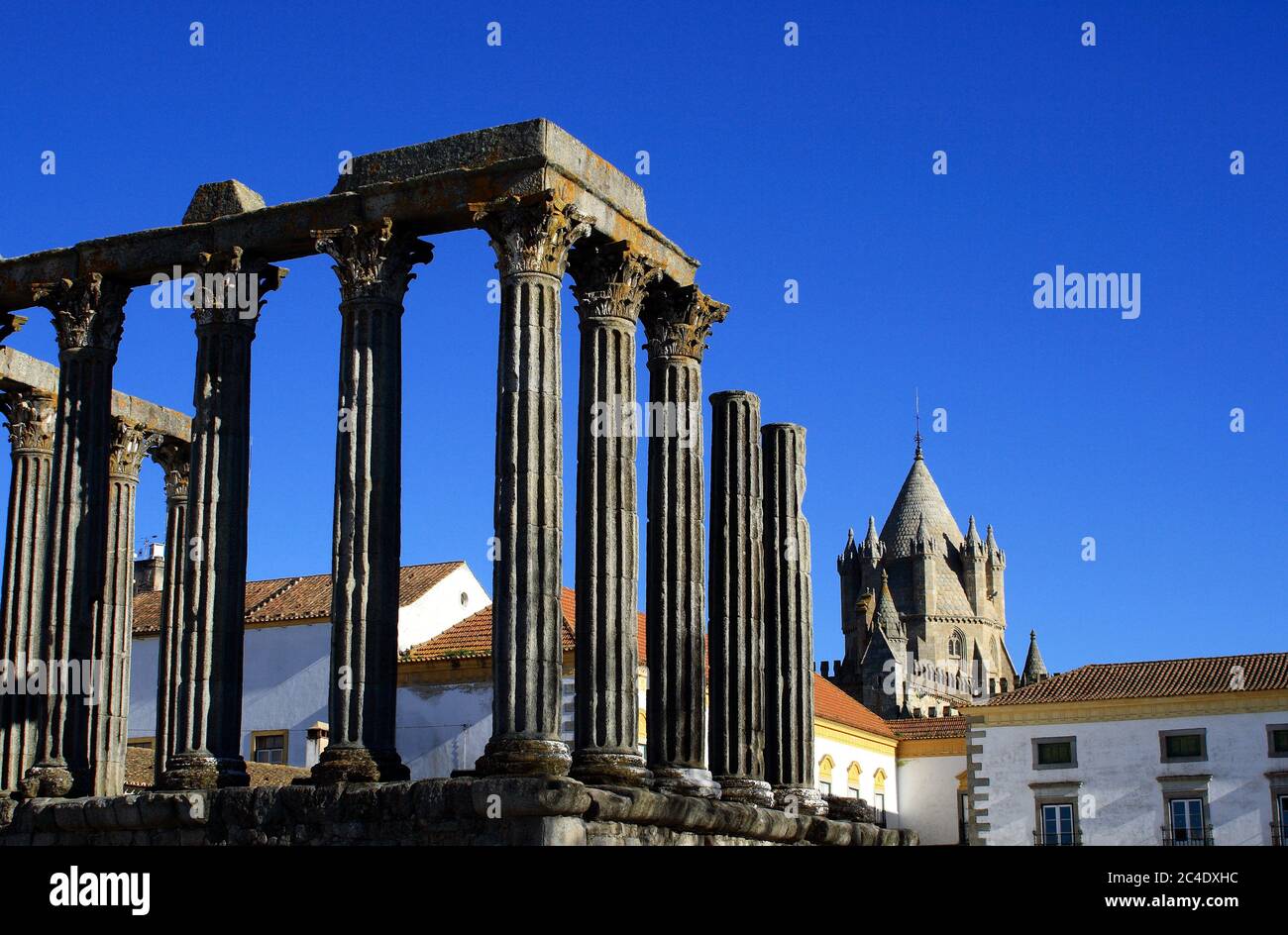 Portugal, Alentejo Region, Evora historic center. Granite stone columns ...
