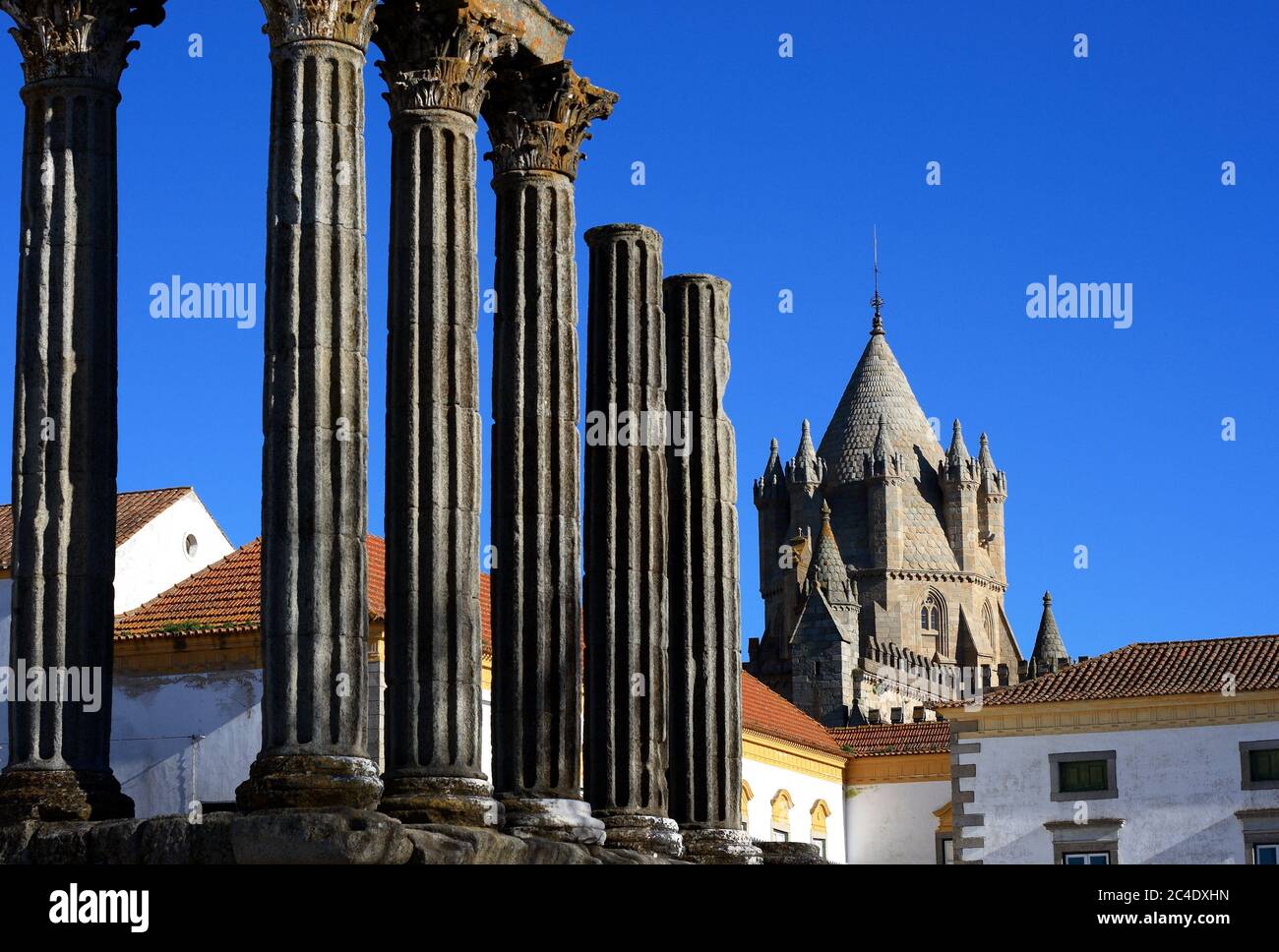 Portugal, Alentejo Region, Evora historic center. Granite stone columns ...