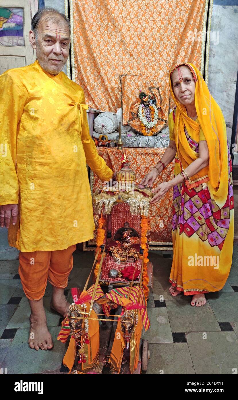 Beawar, Rajasthan, India, June 23, 2020: Priest perform puja of Lord ...