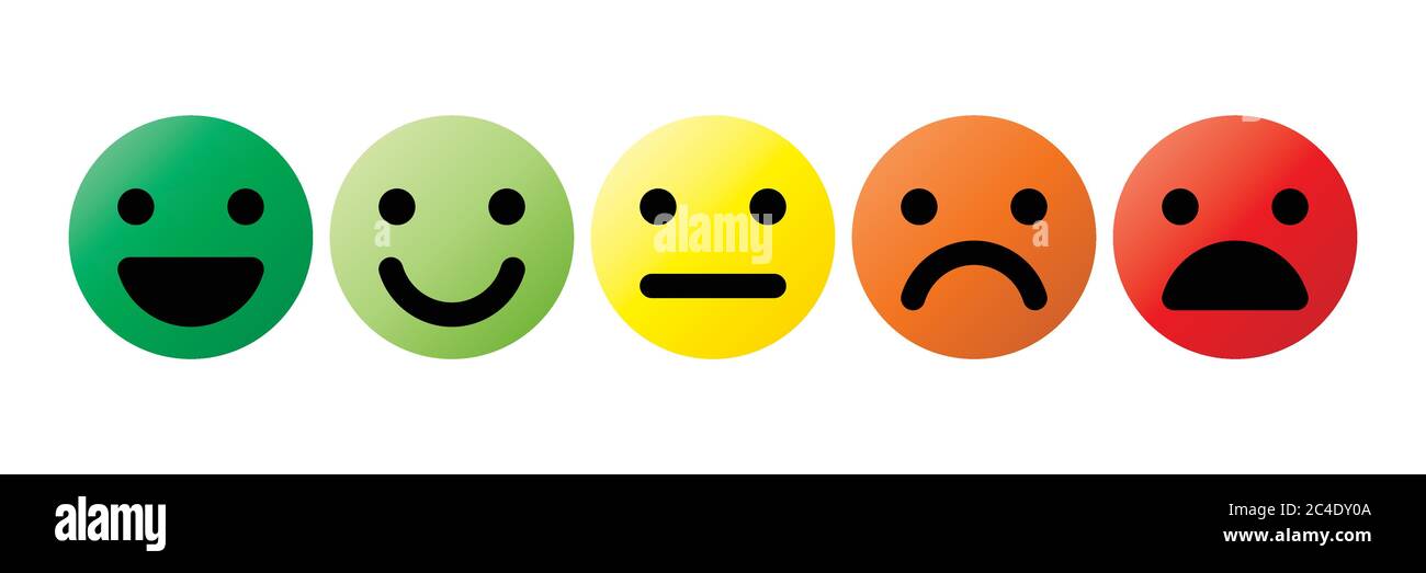 Basic emoticons set. Five facial expression of feedback scale - from ...