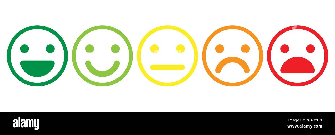 Basic emoticons set. Five facial expression of feedback scale - from ...
