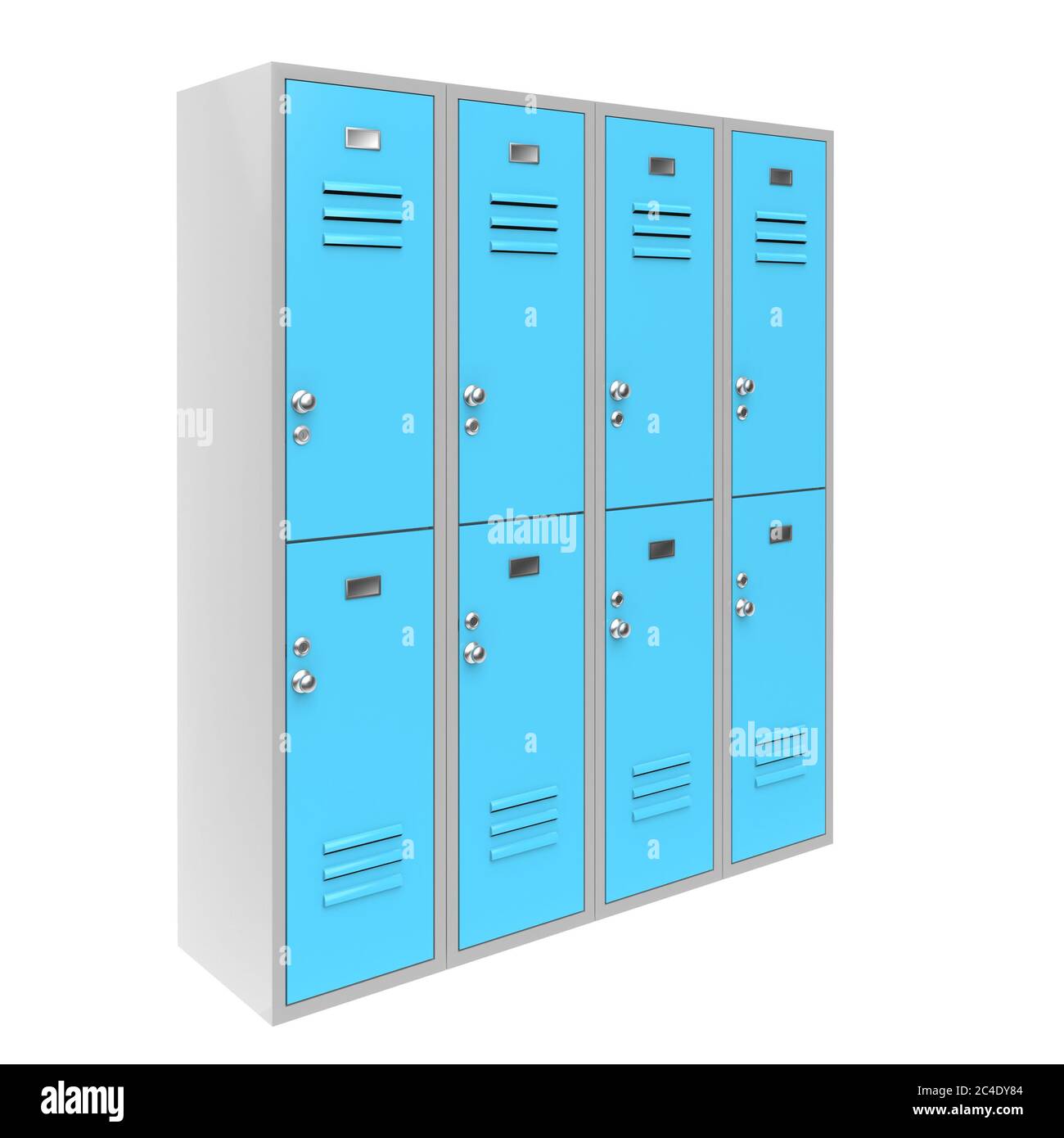 Row of blue two level gym lockers. 3d rendering illustration isolated ...