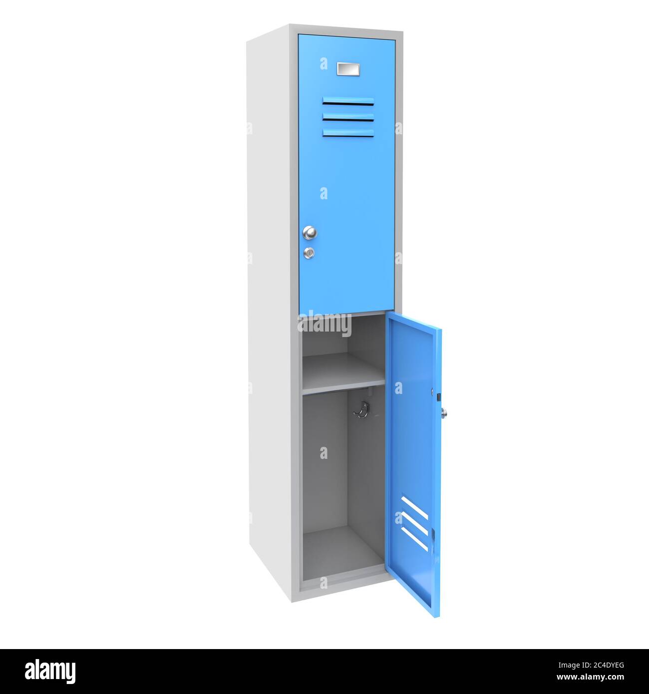 Blue metal locker. Two level compartment with open door. 3d rendering ...