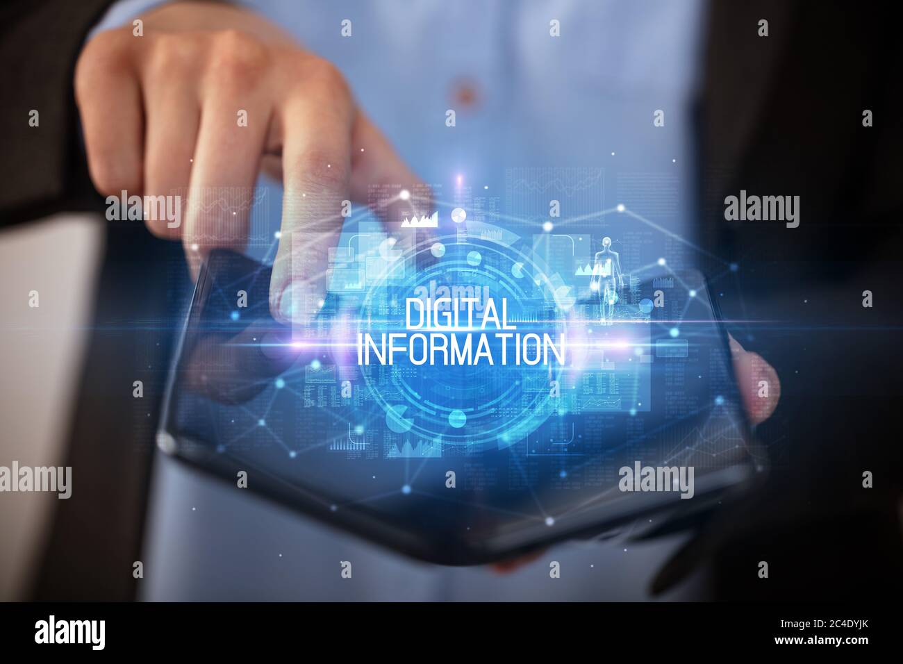 Young man holding a foldable smartphone with DIGITAL INFORMATION ...