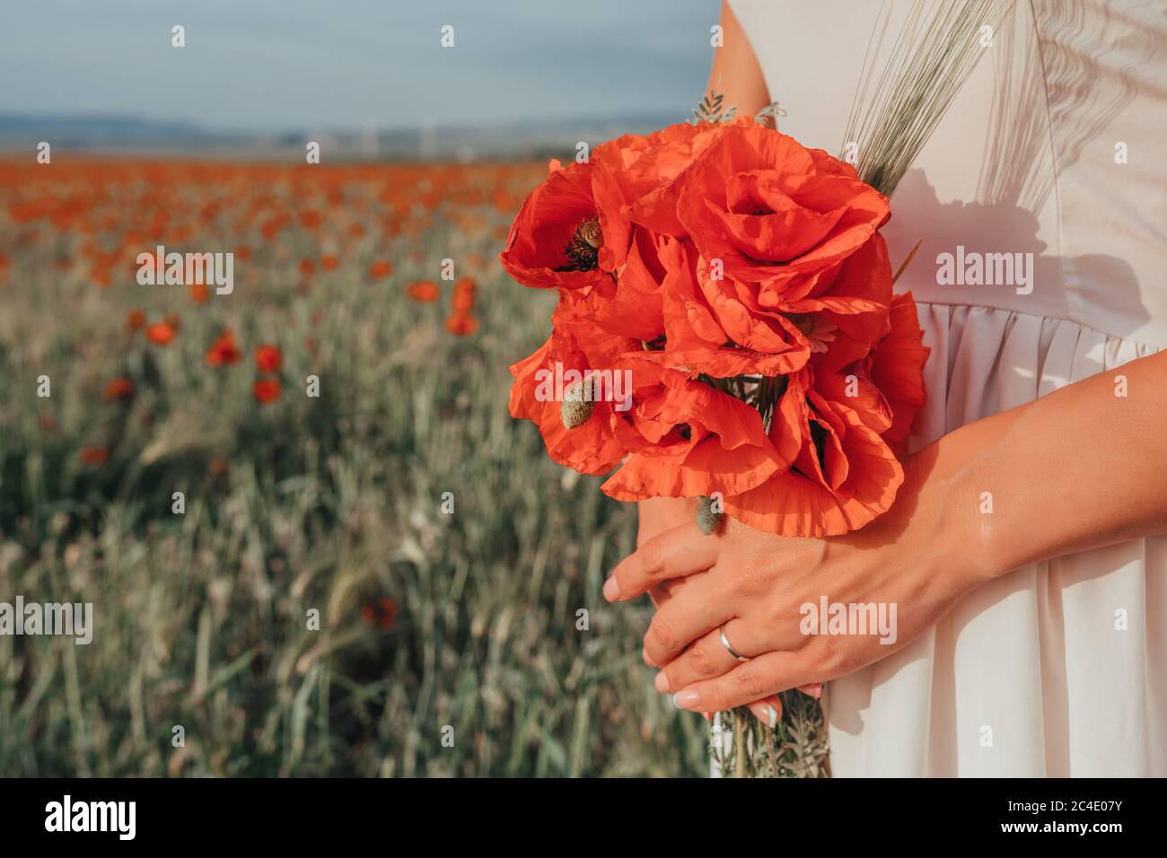 Bride in a white dress holding a bouquet of poppy flowers, warm sunset ...