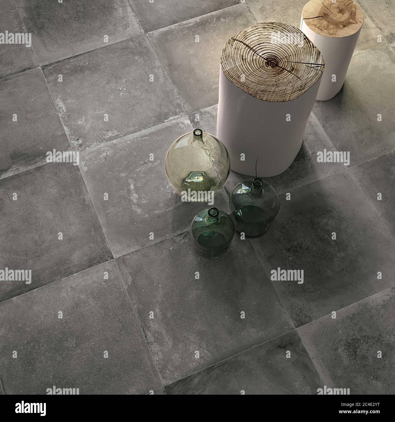 Modern room with grey tiles, wooden tables, top view, luxurious ...