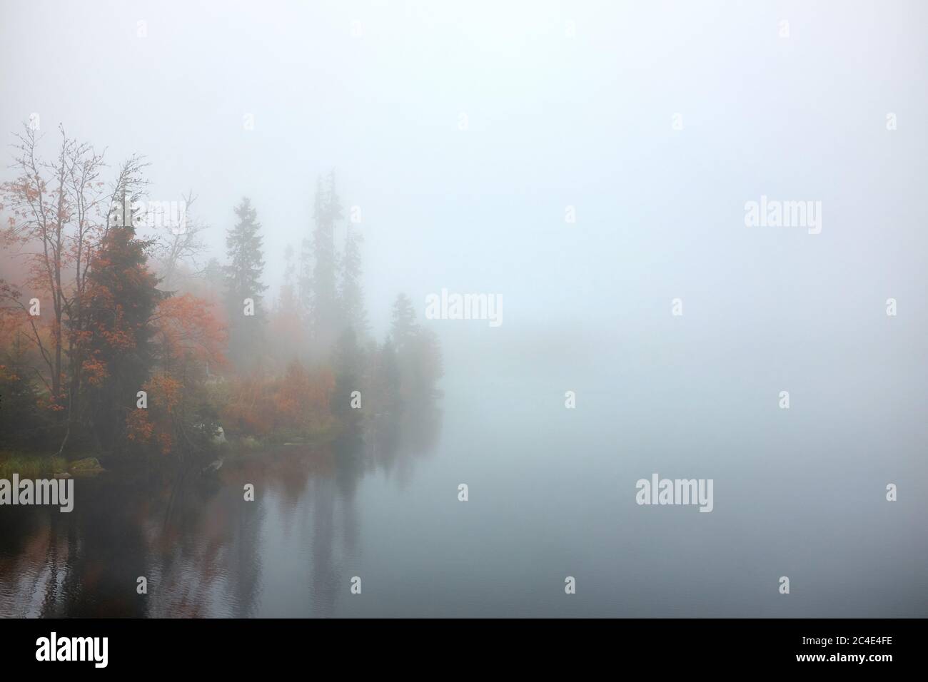 Misty autumn lake with colorful trees and reflection ont water. Strbske ...